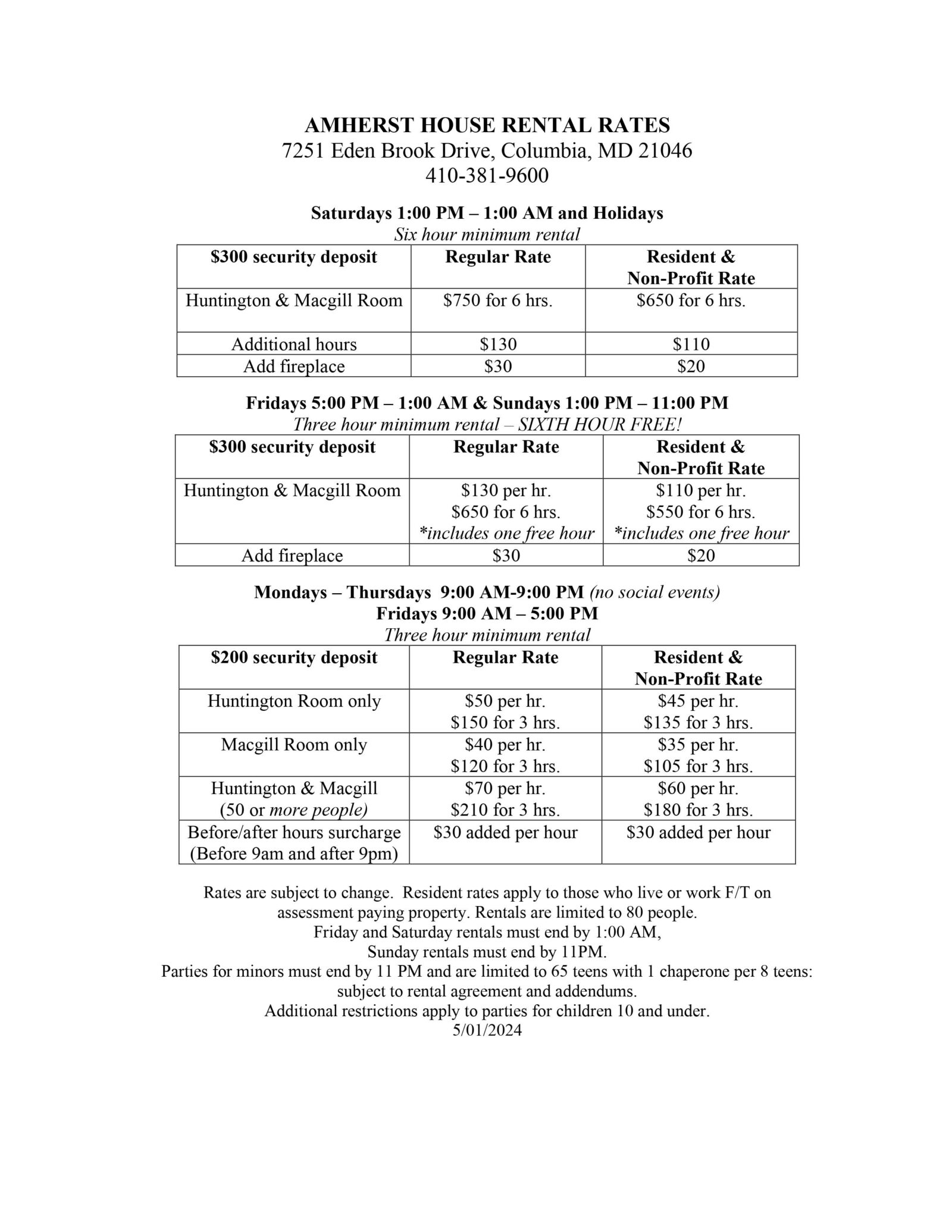 Rental Rates – Kings Contrivance Community Association