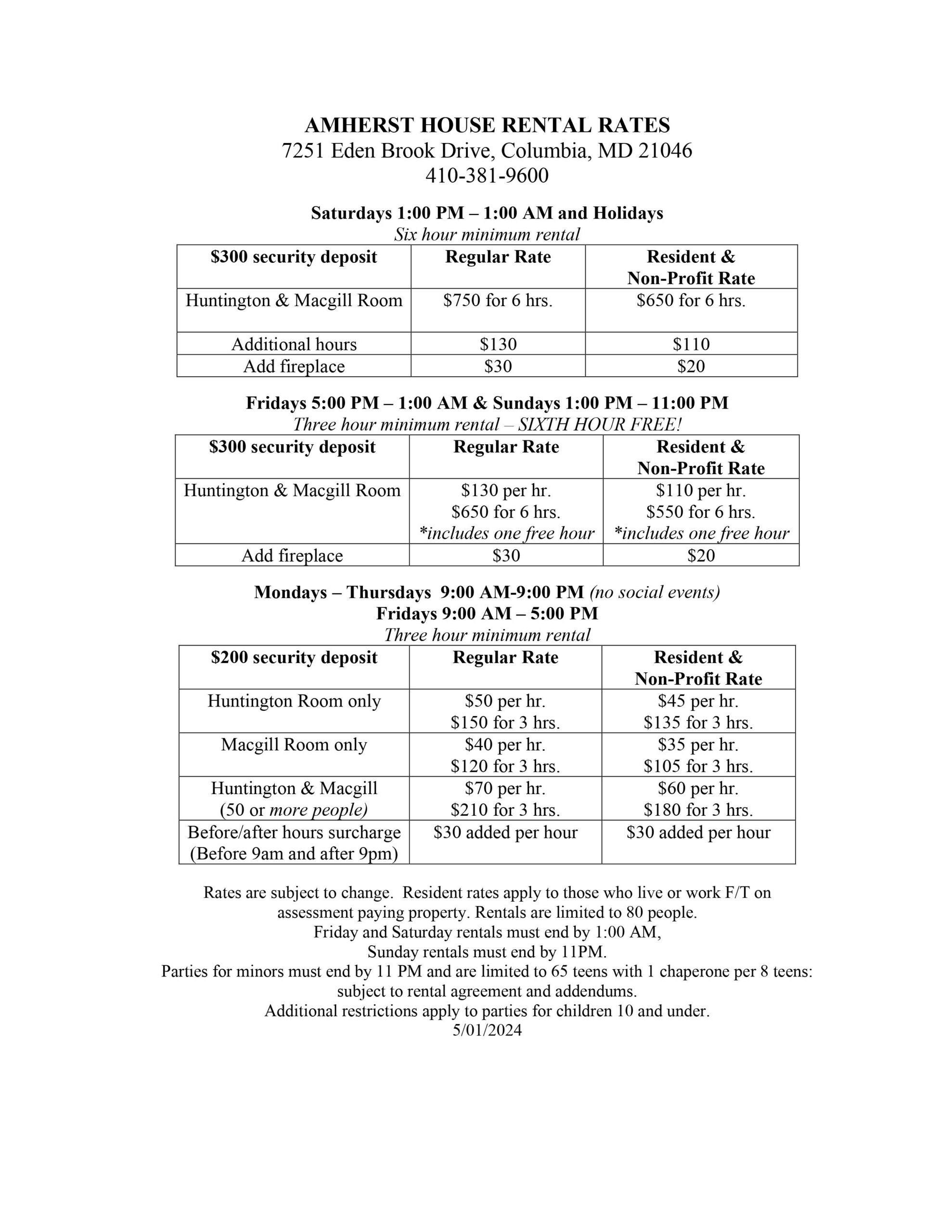 Rental Rates – Kings Contrivance Community Association